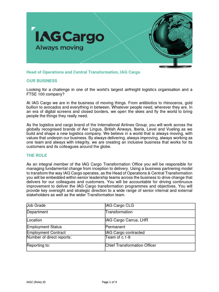 IAG Cargo JD - HoT Central - Ops | PDF | Business | Economies