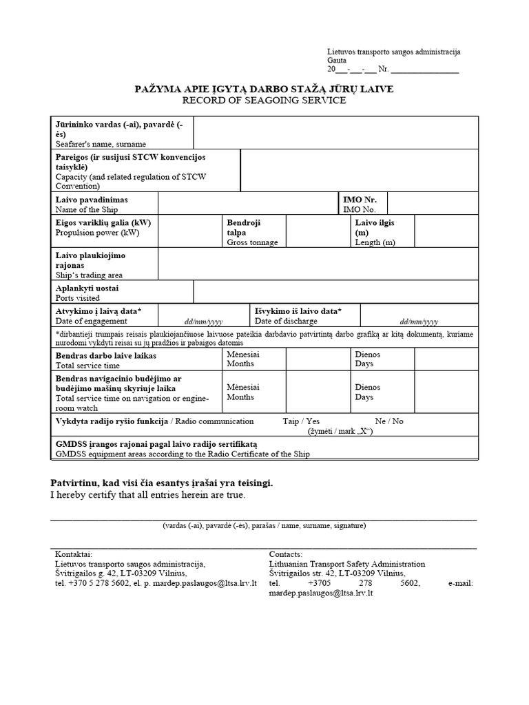 Pažyma Apie Įgytą Darbo Stažą Jūrų Laive | PDF