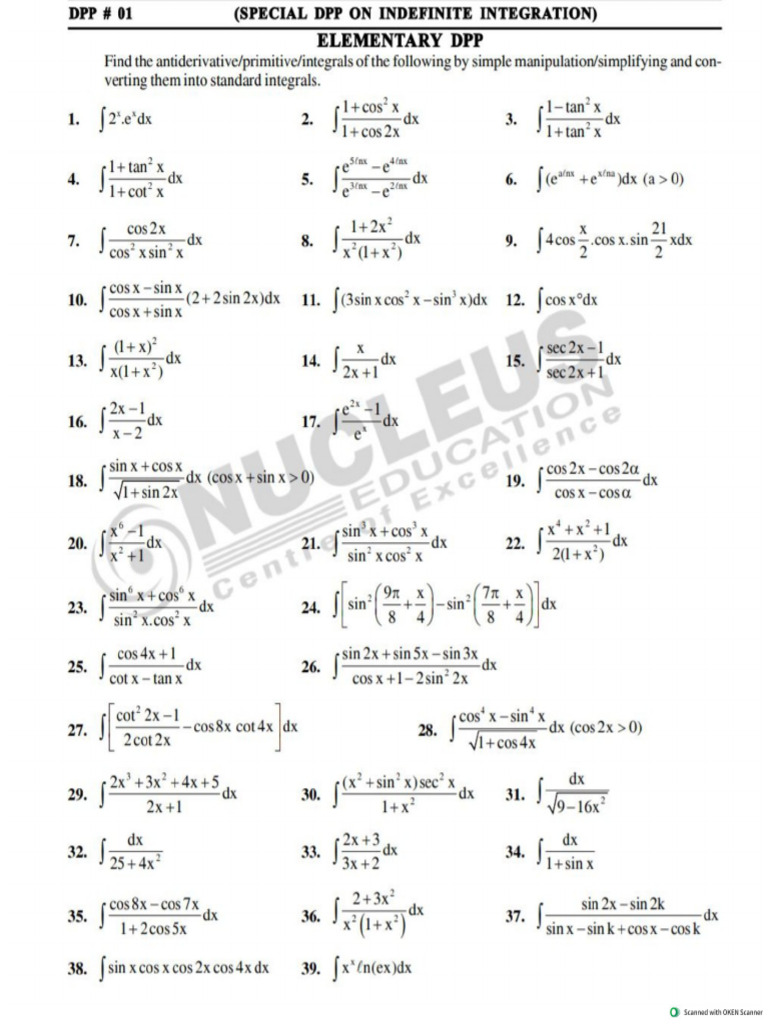 Indefinite Integration DPP Nucleus | PDF