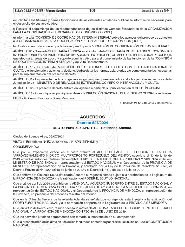 Decreto 587/2024: DECTO-2024-587-APN-PTE - Ratifícase Adenda | PDF ...