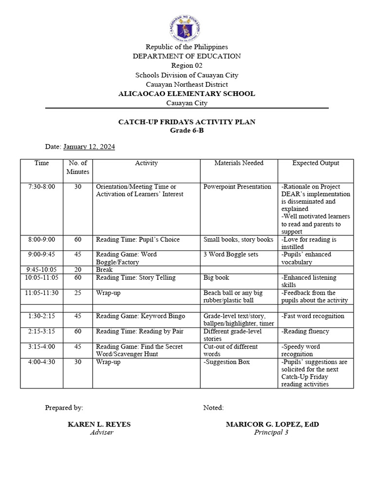 Activity Plan For Catch Up Fridays | PDF | Cultural Assimilation | Linguistics