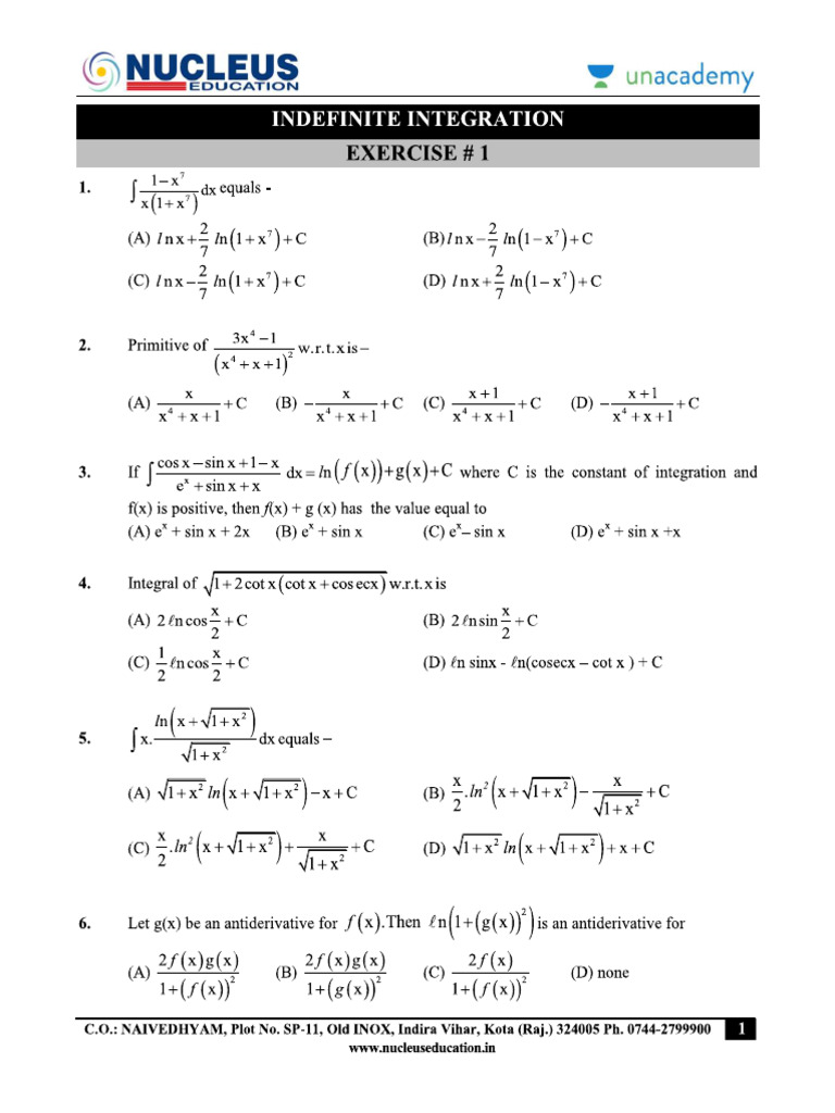 Sheet - Indefinite Integration Nucleus | PDF