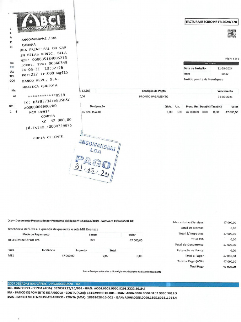 Recibo Oleo Motor Angomandani Maio 2024 | PDF