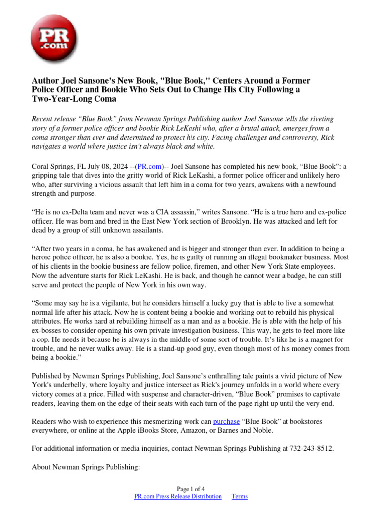 Author Joel Sansone's New Book, "Blue Book," Centers Around A Former Police Officer and Bookie ...