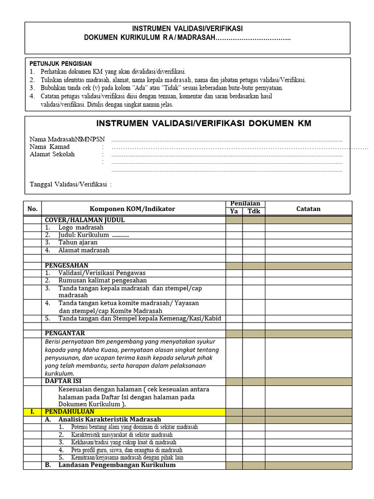 Contoh Instrumen Validasi Kurikum Madrasah (Hanya Contoh Bs ...