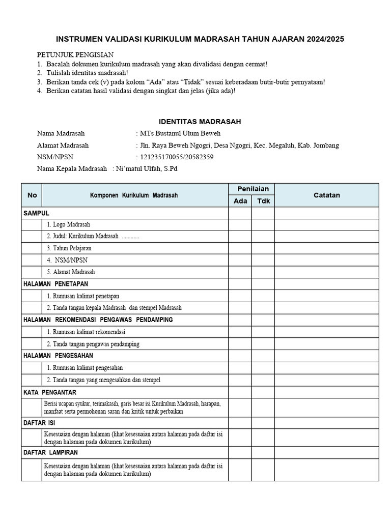 Instrumen Validasi Kurikulum Madrasah Tahun 2024-2025 | PDF
