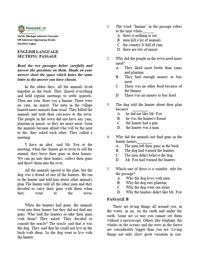 English Language Common Entrance Exam | PDF | Nigeria | Hunting