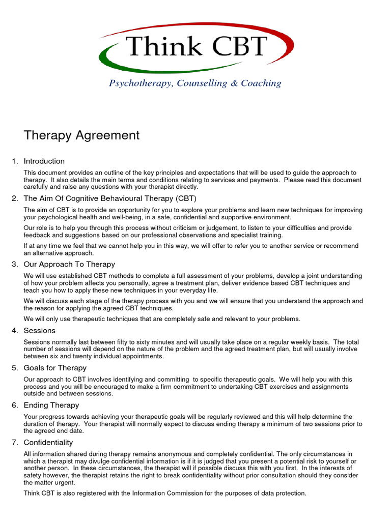 Think CBT Standard Therapy Agreement PDF | PDF | Psychotherapy ...