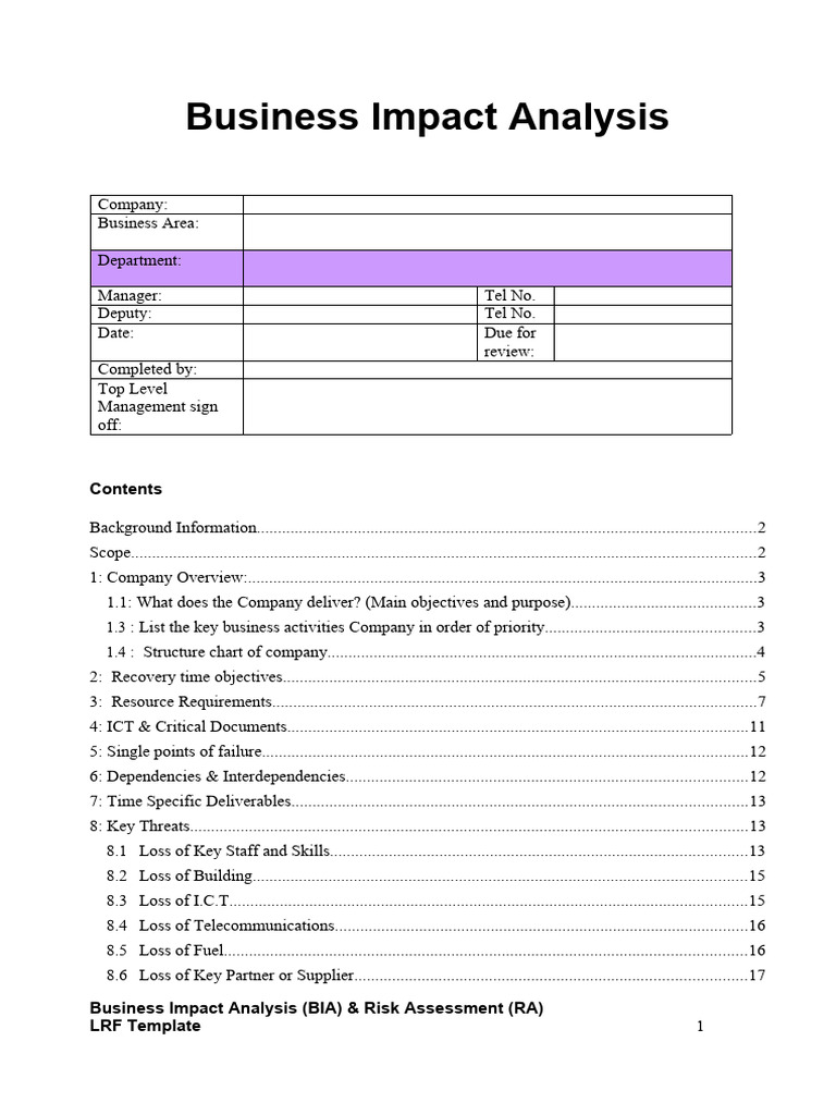 BIA PDF Template | PDF | Disaster Recovery | Risk