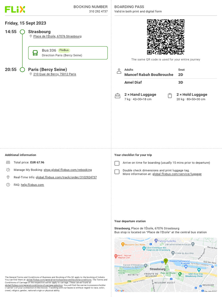 Ticket Strasbourg Paris 3102924737 | PDF | Bus Transport | Transport