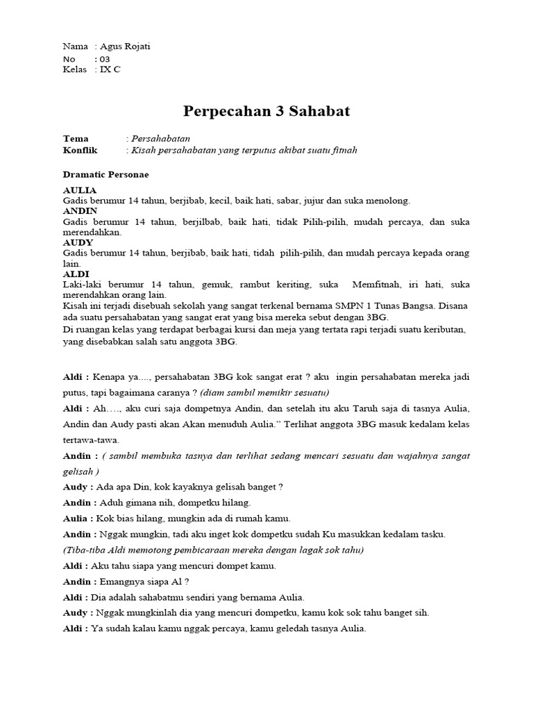 Contoh Naskah Drama Persahabatan - Perpecahan 3 Sahabat | PDF
