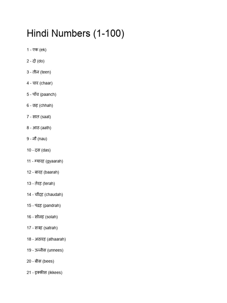 Hindi Numbers (1-100) | PDF