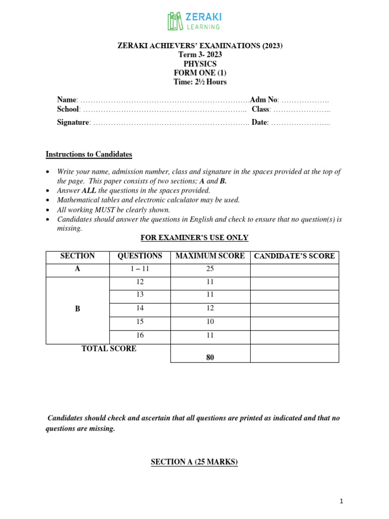 Physics - Physics Form 1 - Question Paper | PDF | Pressure | Water