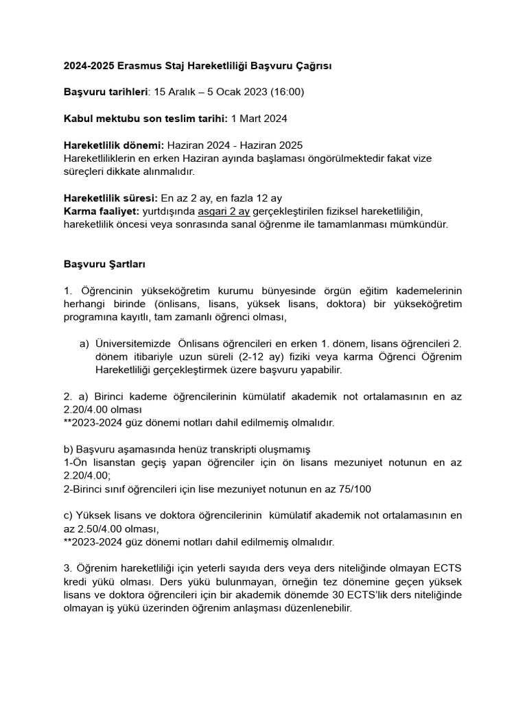 2024 2025 Erasmus Staj Hareketliligi Basvuru Cagrisi | PDF
