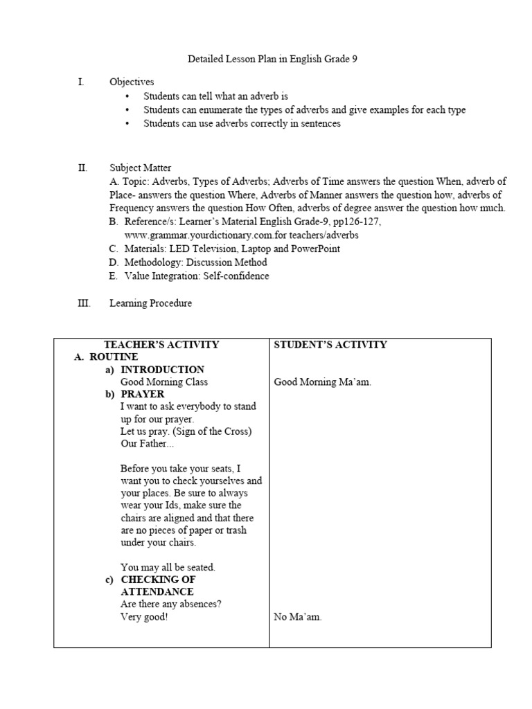 Detailed Lesson Plan in English (Final) | PDF | Adverb | Question