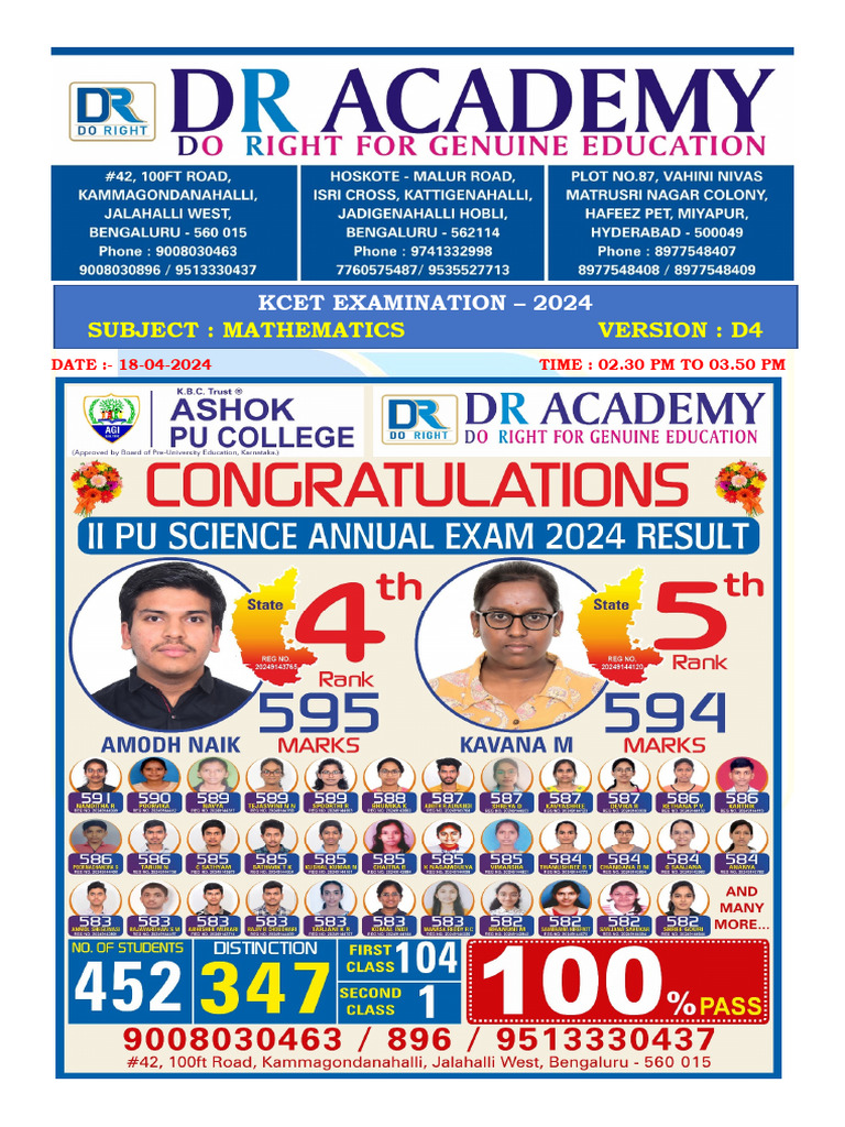 DR Mathematics Kcet 2024 | PDF | Line (Geometry) | Geometry