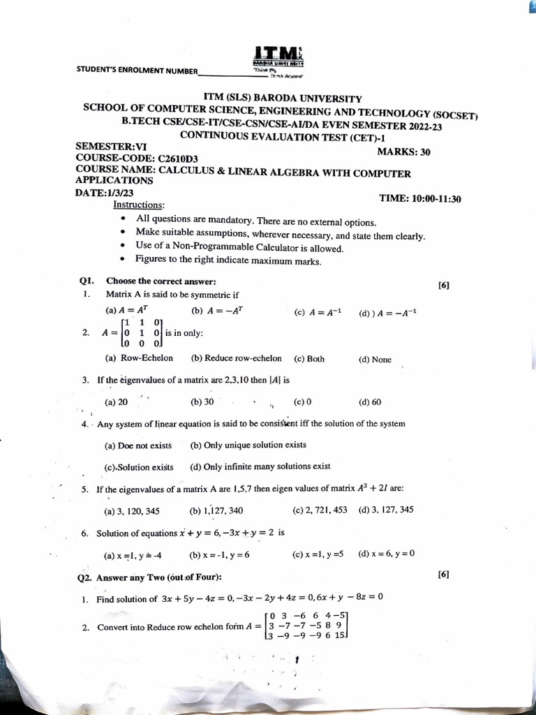 Student'S Enrolment Number: Matrix A Is Said To Be Symmetric If | PDF ...