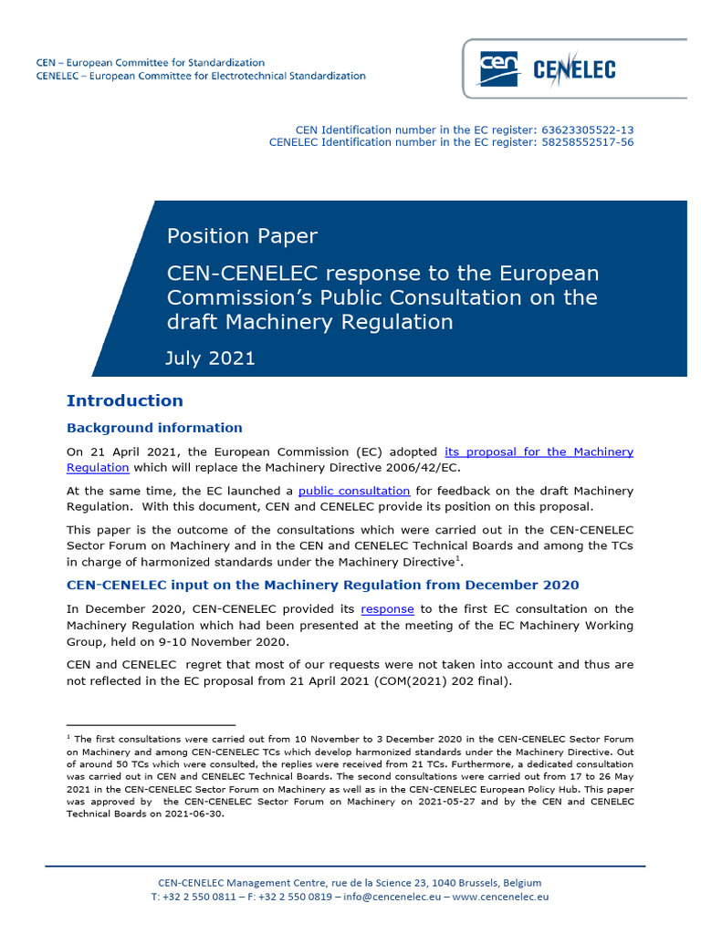 CEN-CENELEC Position on Machinery Regulation | PDF | Standardization ...
