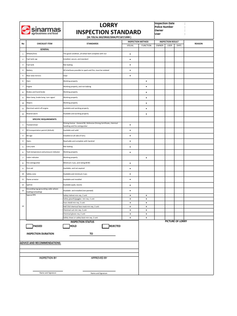 Checklist Lorry Inspection | PDF | Truck | Motor Vehicle