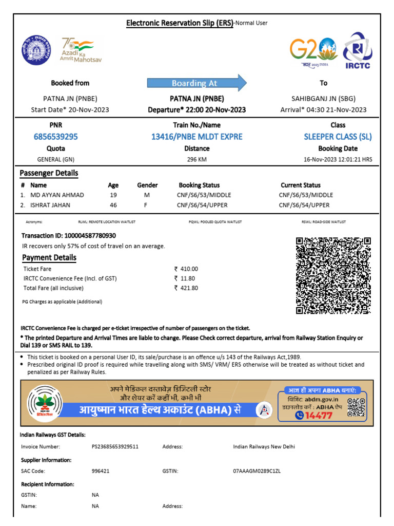 Electronic Reservation Slip for Train Booking | PDF | Identity Document