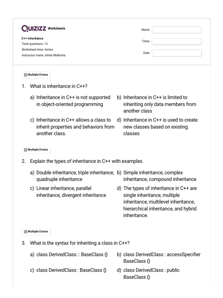 C Inheritance Quizizz Pdf Inheritance Object Oriented Programming Class Computer