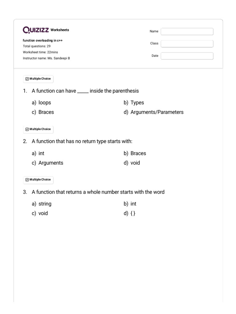 Function Overloading In C Quizizz Pdf Parameter Computer Programming C