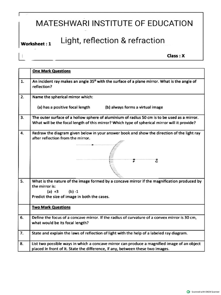 Light Reflection & Refraction Worksheet | PDF