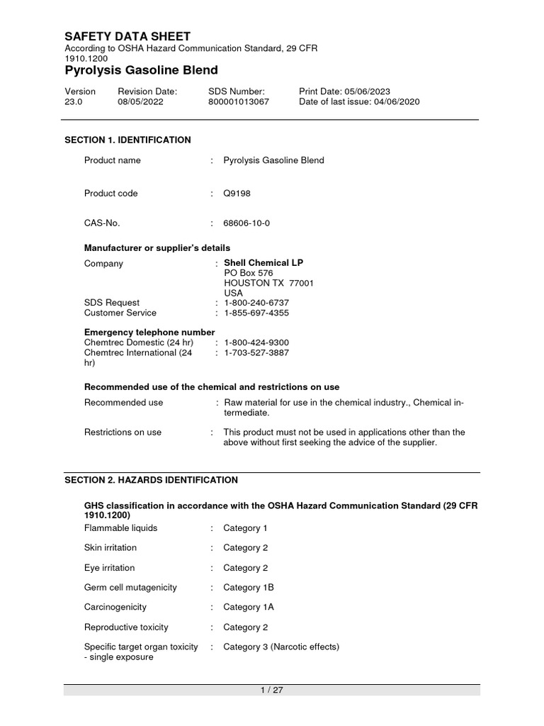 Pyrolysis-Gasoline-Blend 800001013067 Us en | PDF | Benzene | Personal ...
