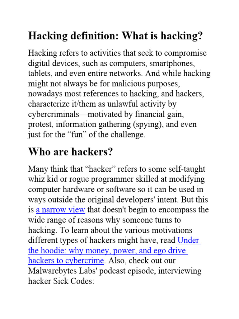Hacking Definition | PDF | Cybercrime | Security Hacker Hacking Definition | PDF | Cybercrime | Security Hacker