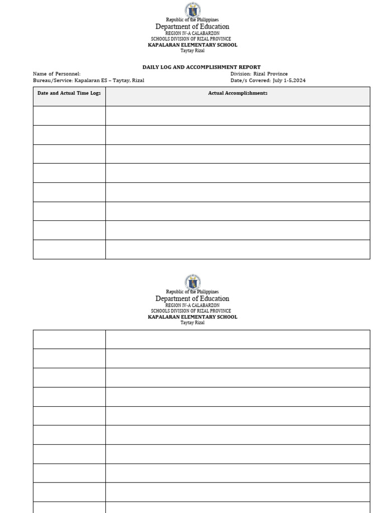 Daily Log and Accomplishment Report NLC Template | PDF