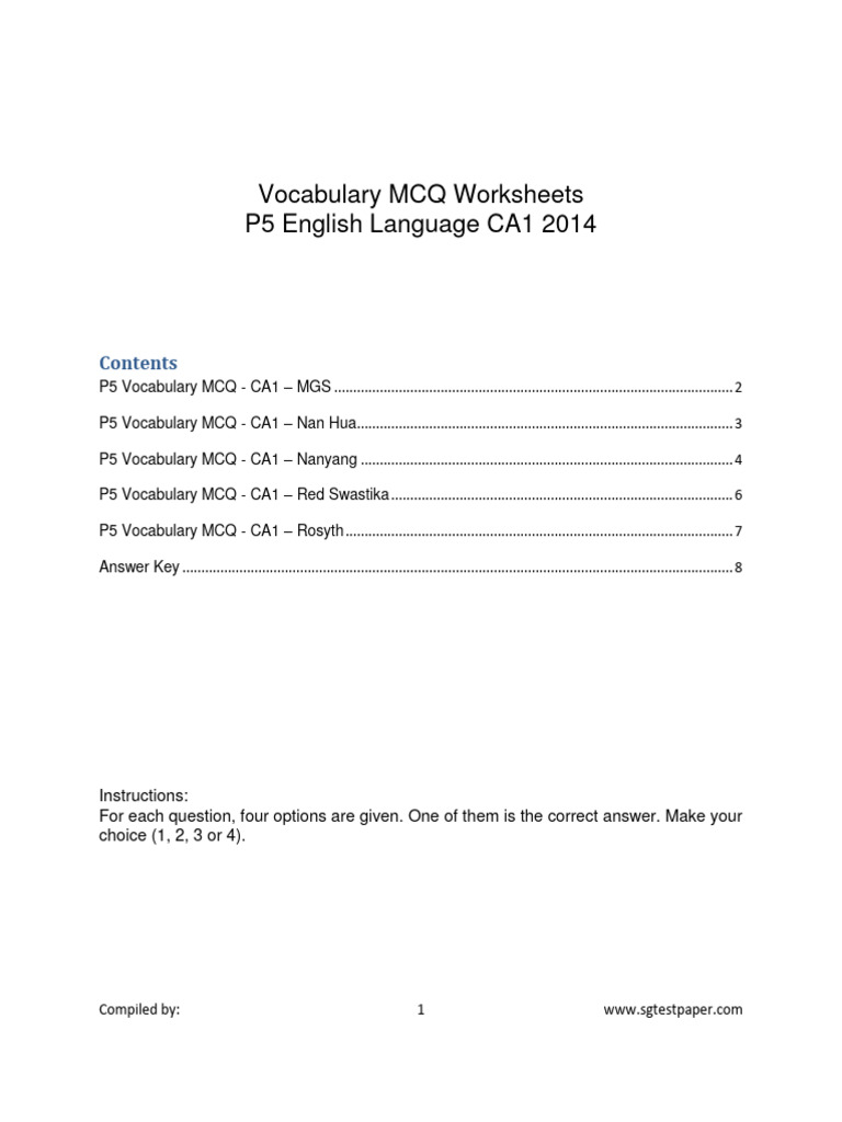 P5 Vocab MCQ Worksheet CA1 2014 | PDF