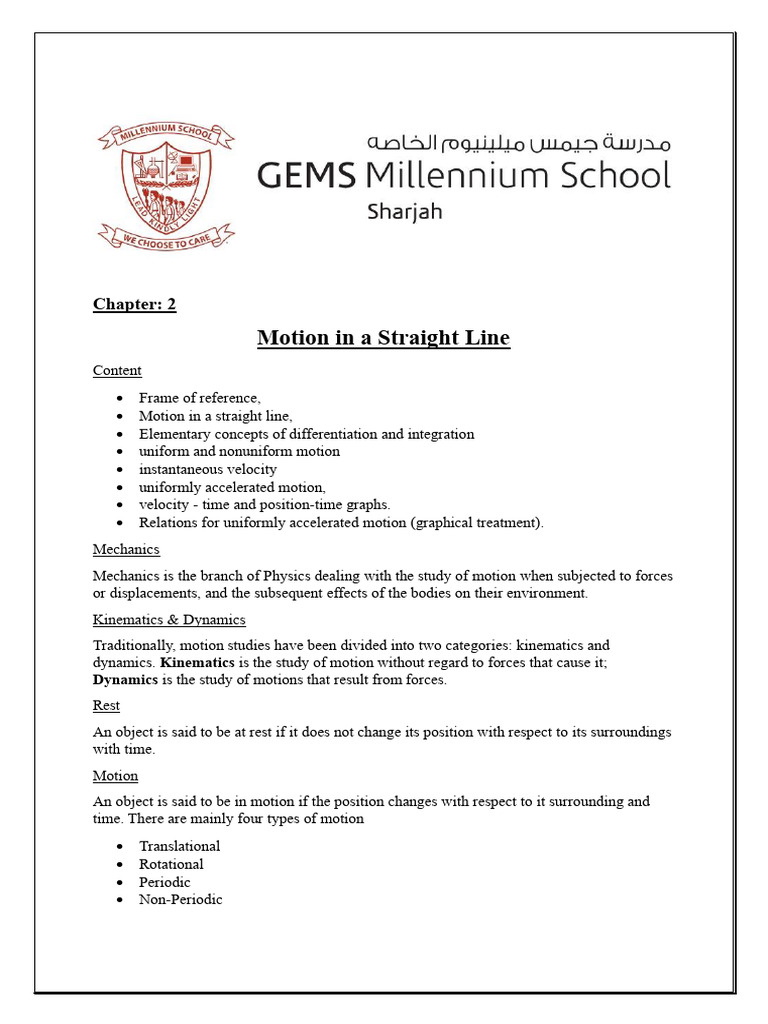 Motion in A Straight Line Notes CLASS 11 | PDF | Velocity | Acceleration