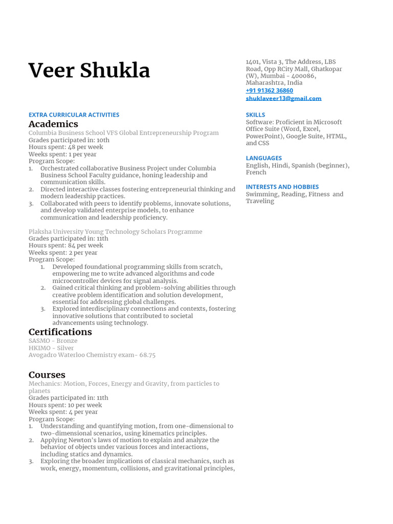 Veer Shukla Resume | PDF | Classical Mechanics | Astronomy