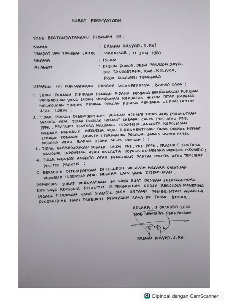 Surat Pernyataan Erman | PDF