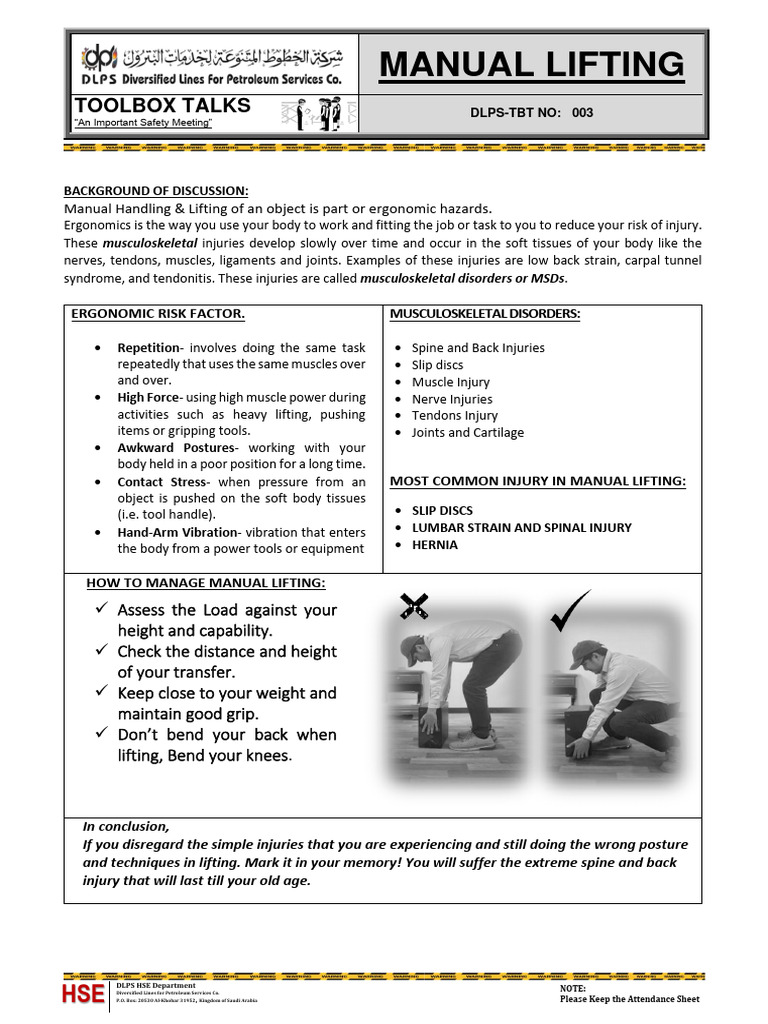 003. Manual Lifting | PDF | Musculoskeletal System | Diseases And Disorders