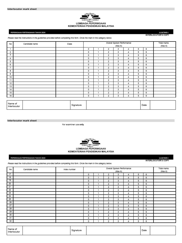 Speaking Test Interlocutor Mark Sheet | PDF