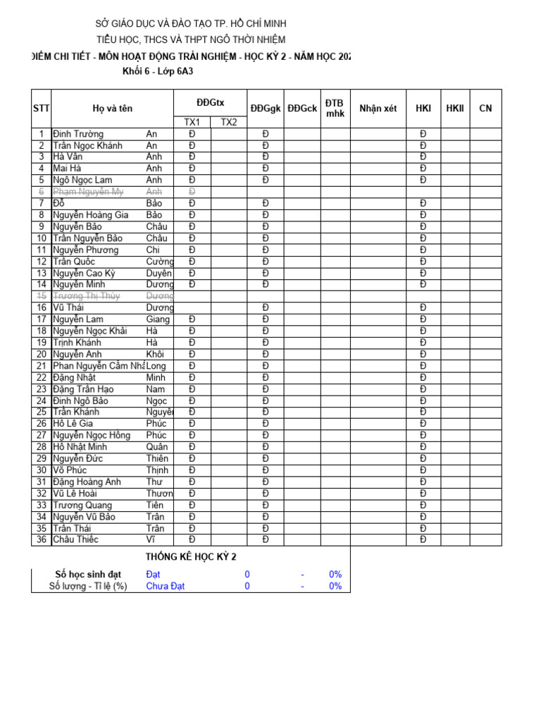 So Diem Chi Tiet Lop 6a3 Mon Hoat Dong Trai Nghiem | PDF