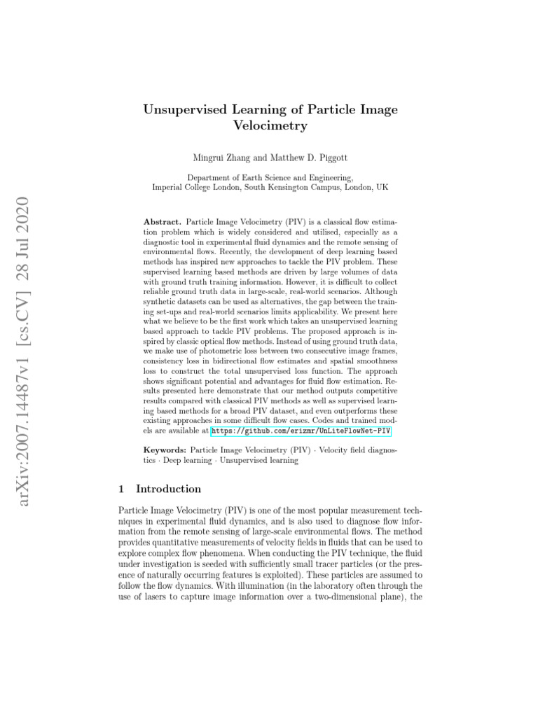 Unsupervised Learning of Particle Image Velocimetry | PDF | Deep Learning | Applied Mathematics