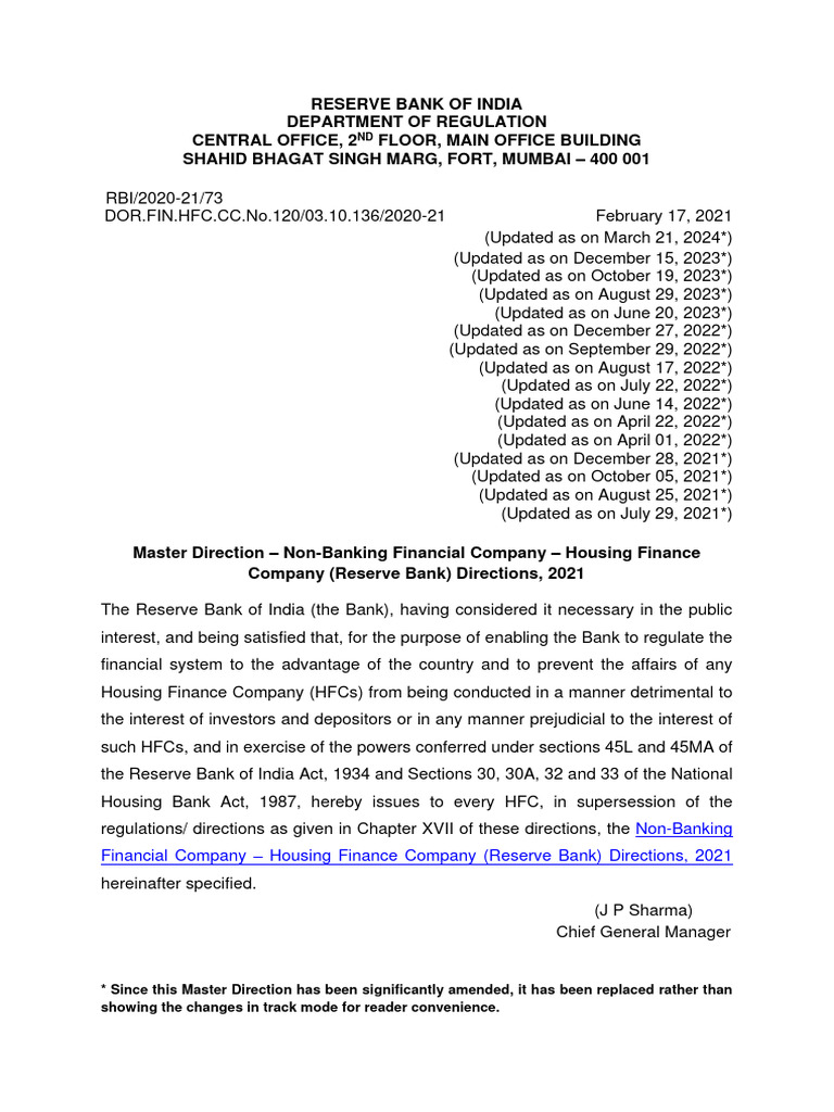 HFC Master Directions 2021 Overview | PDF | Book Value | Banks