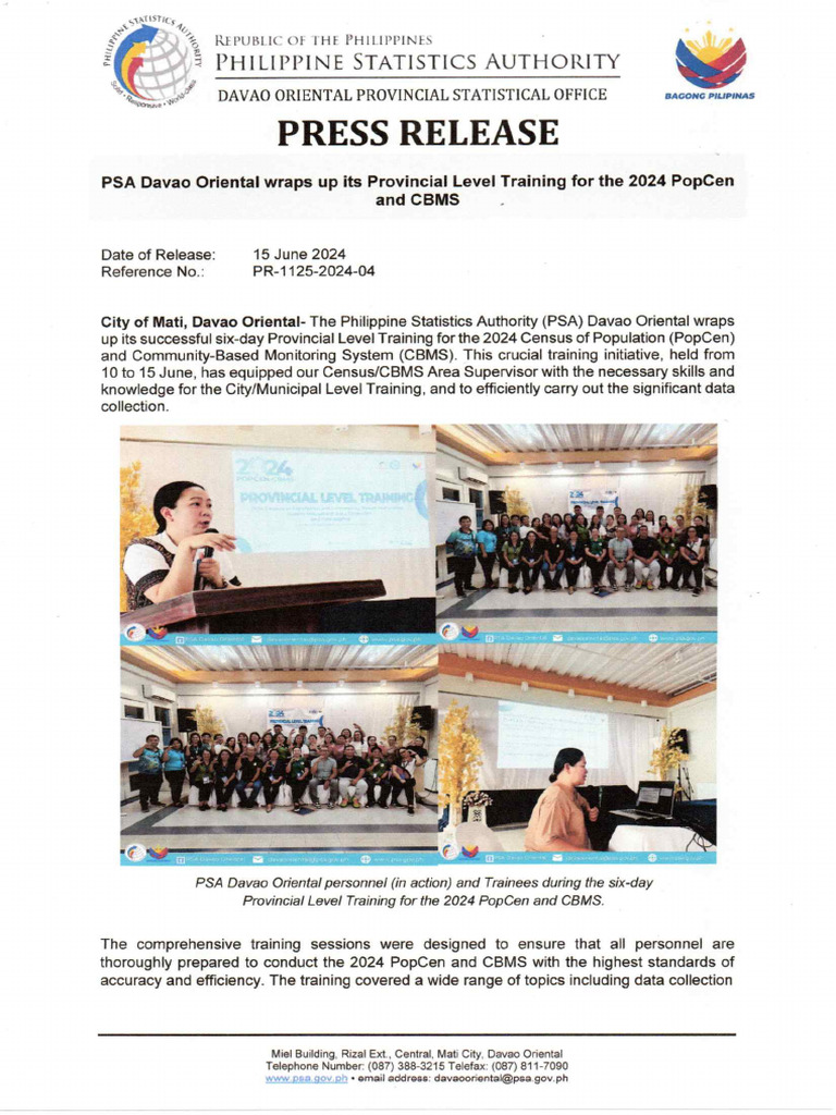 PSA Davao Oriental Provincial Level Training of 2024 PopCen and CBMS | PDF