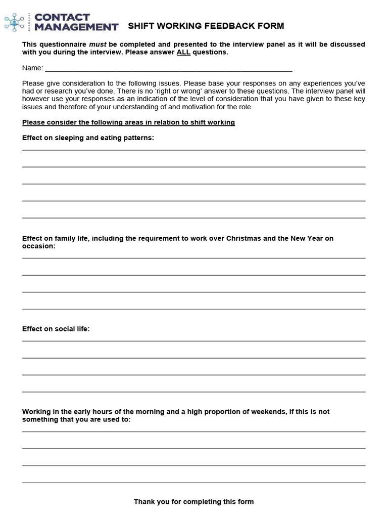 Shift Work Feedback Questionnaire | PDF