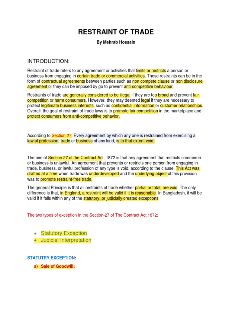 RESTRAINT OF TRADE by Mehrab Highlight | PDF | Restraint Of Trade ...