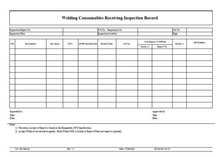 04-10 Welding Consumables Receiving Inspection Record | PDF