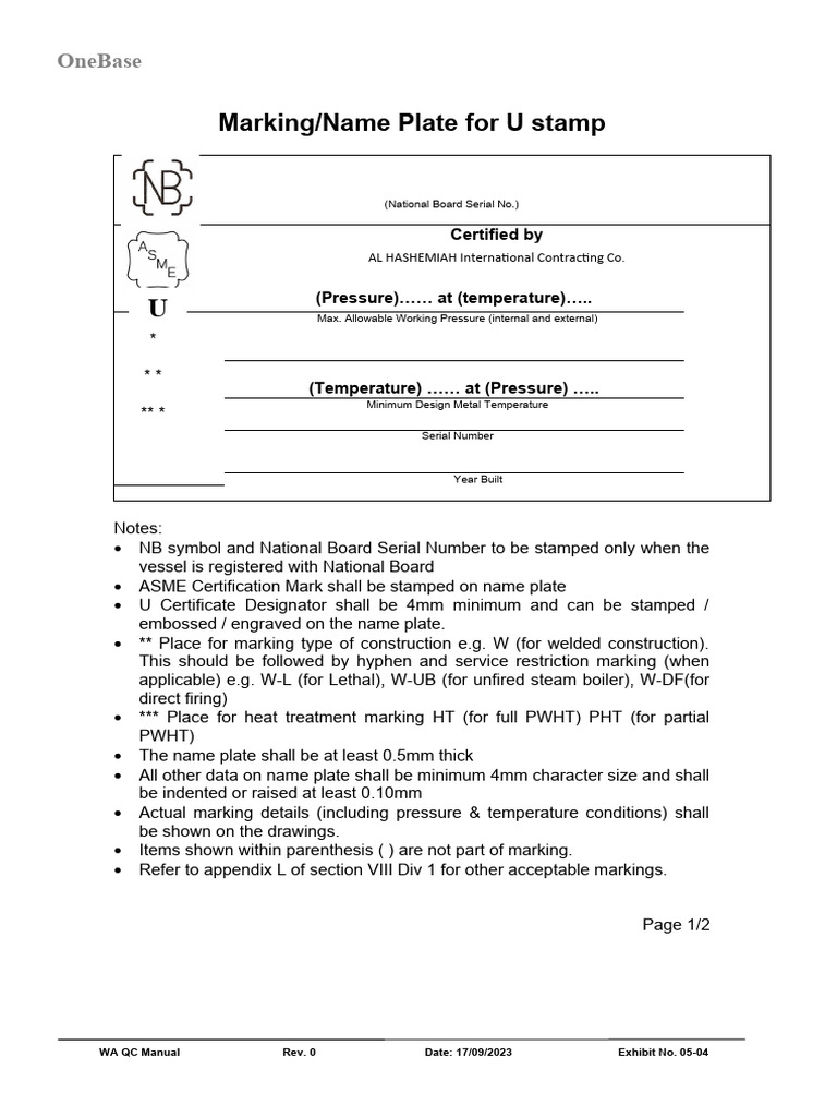 05-04 MarkingName Plate For U' Stamp | PDF | Boiler