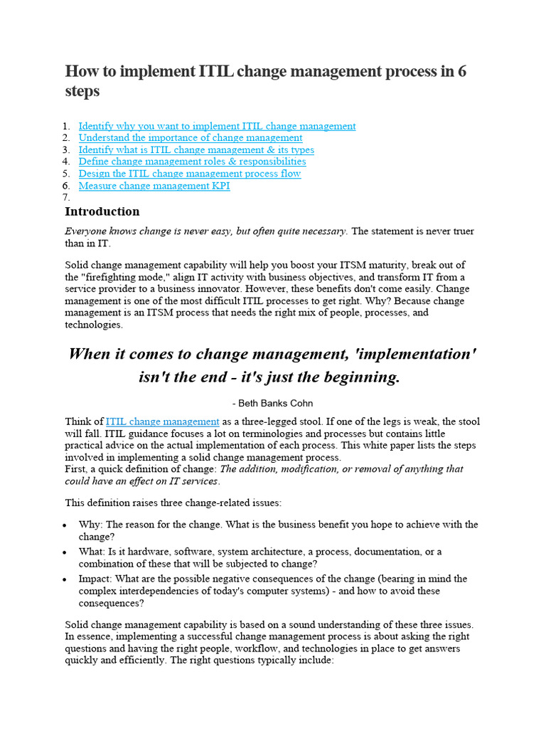 How To Implement ITIL Change Management Process in 6 Steps | PDF | Change Management ...