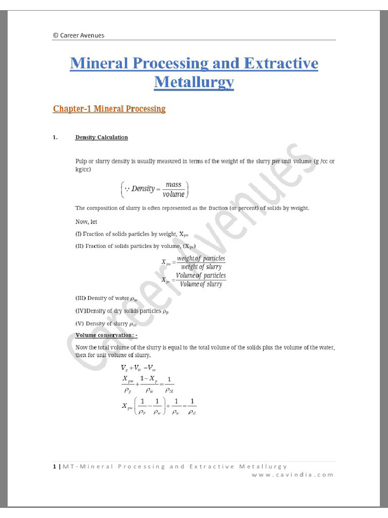 Mineral Processing and Extractive Metallurgy Formulae | PDF