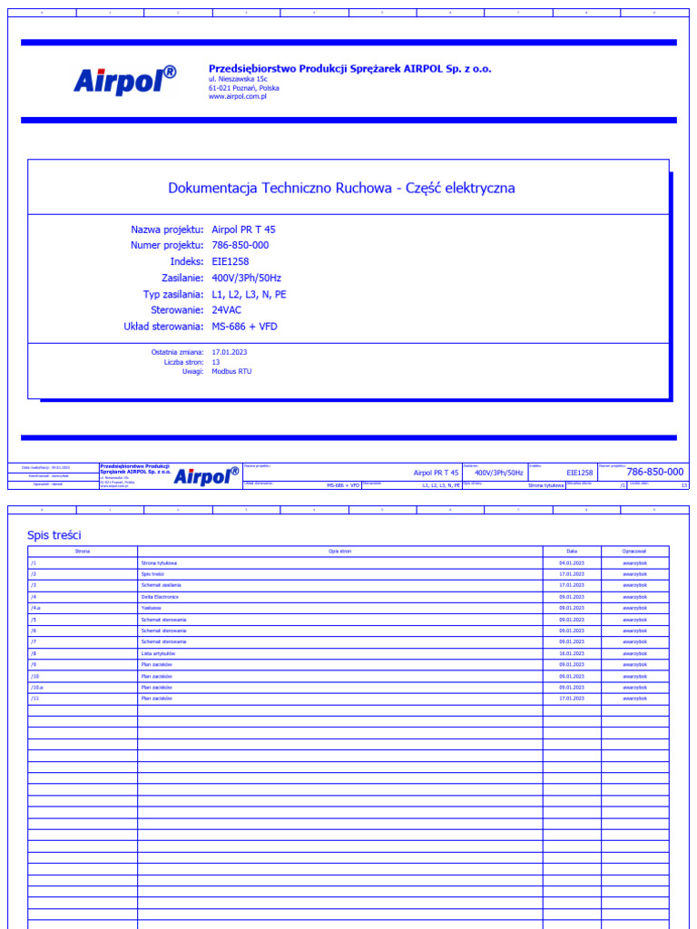 Dokumentacja Techniczno Ruchowa - Część Elektryczna: Przedsiębiorstwo Produkcji Sprężarek AIRPOL ...