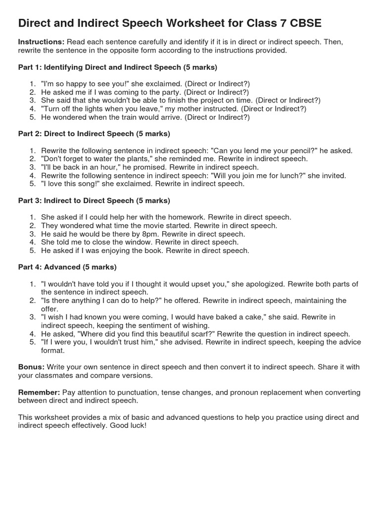 Direct and Indirect Speech Worksheet 7 | PDF | Linguistic Typology ...