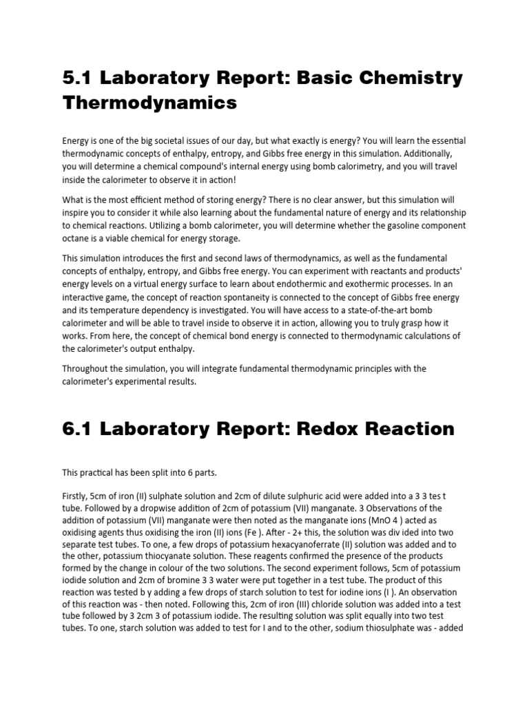 Thermodynamics & Redox Lab Reports | PDF | Enthalpy | Thermodynamics