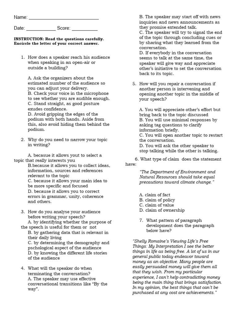Questionnaire For ACHIEVEMENT TEST | PDF | Paragraph | Persuasion